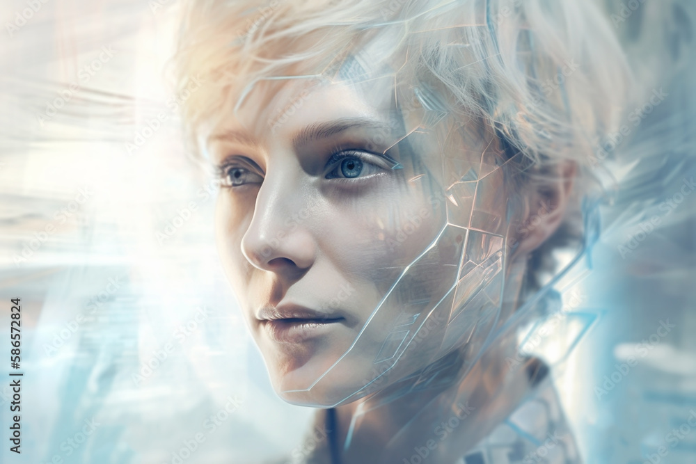 Futuristic portrait of a dreamy person with an overlay of tech elements ...