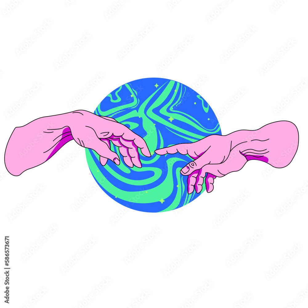 Neon Hands going to touch together against the backdrop of space. Look ...