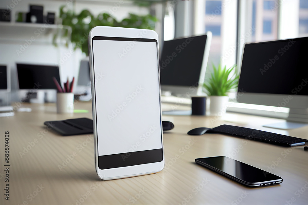 Smartphone mockup on modern white office desk work table and notebook ...