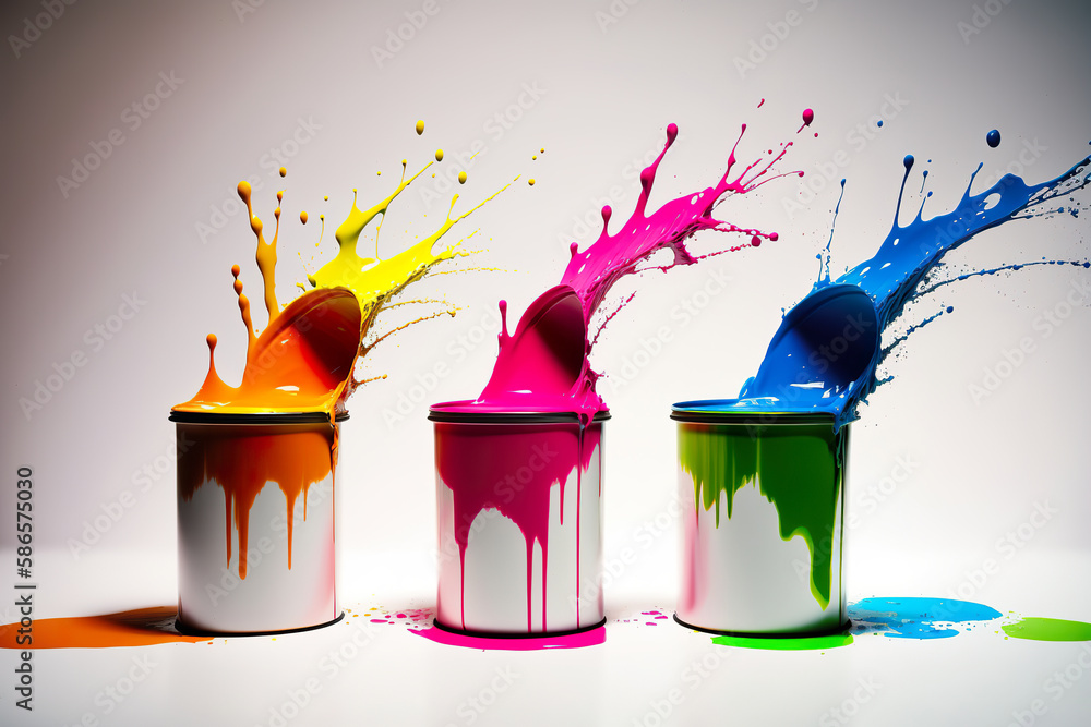 Paint cans splashes on white background. Paint cans splashing RGB ...
