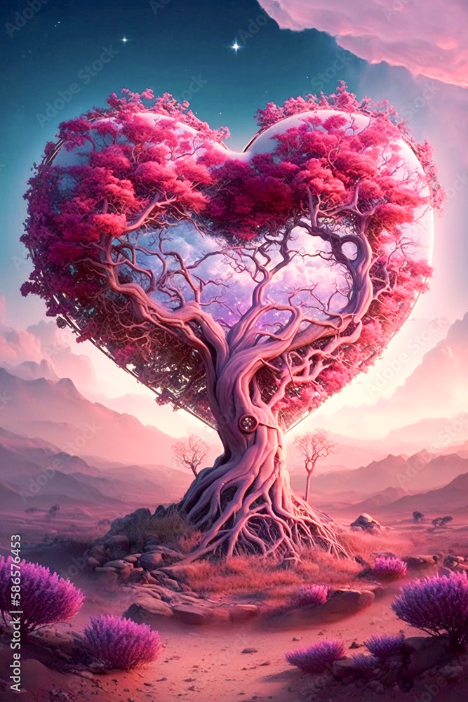 Fantasy tree in a heart shape, bright Illustration created with ...