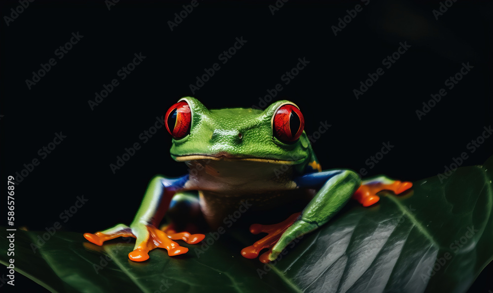 a red eyed frog sitting on top of a green leaf with red eyes on it's ...