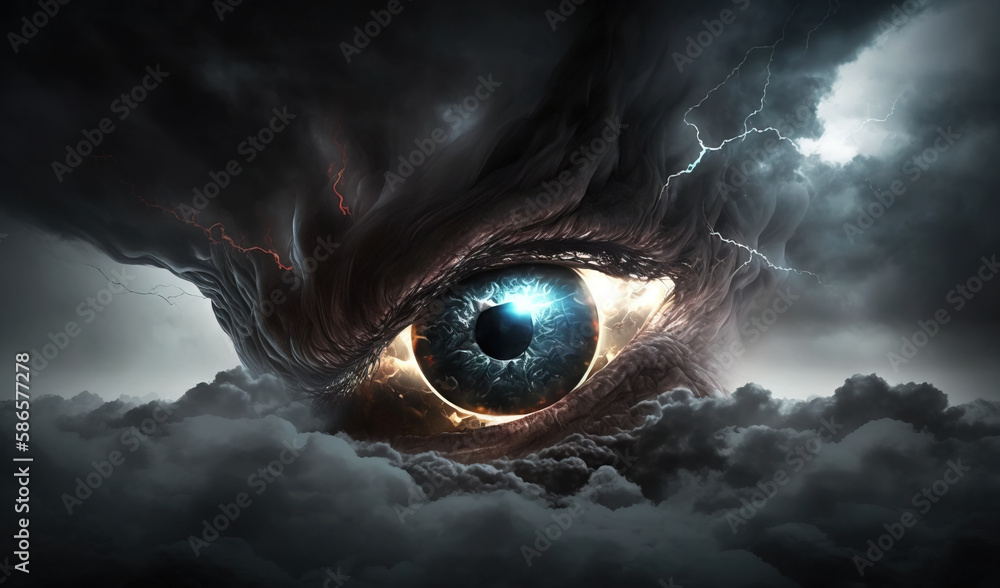 an eye in the clouds with lightning coming out of the iris's eye, with ...