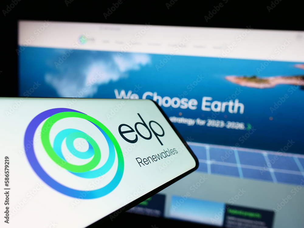 Stuttgart, Germany - 03-24-2023: Cellphone with logo of Spanish energy company EDP Renovaveis SA ...