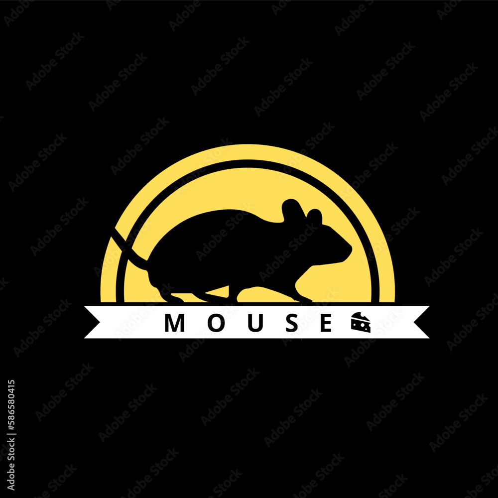 3d mouse logo illustration. rat in black silhouette style. cheese in ...