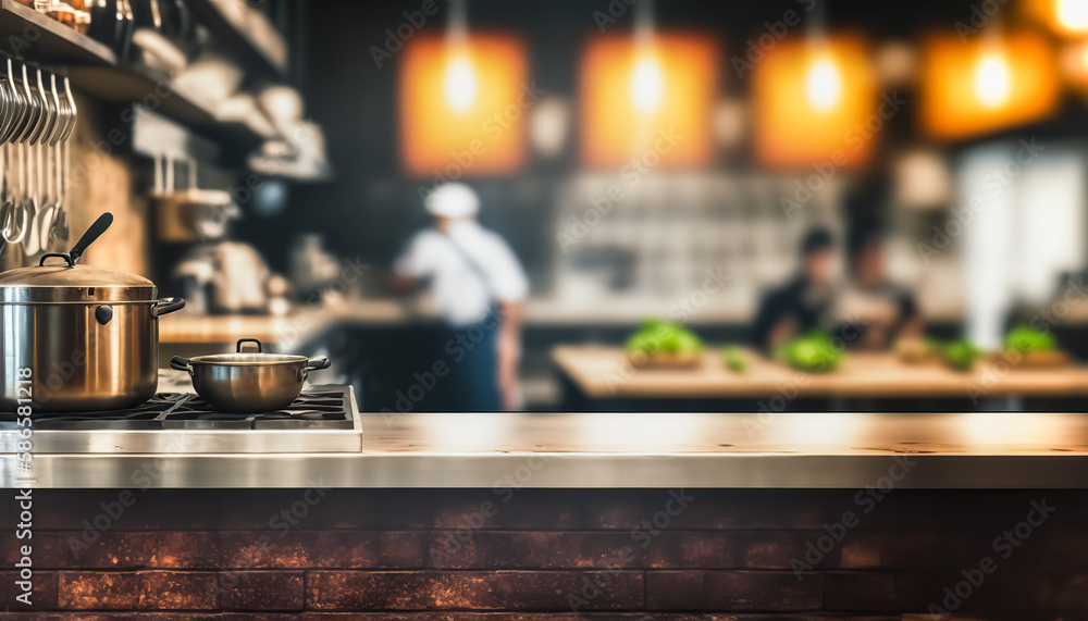 Professional restaurant kitchen with blurred cook on backdrop. Indoor ...