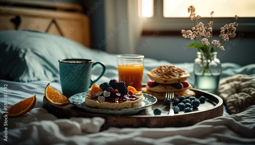 Cozy morning breakfast in bed on a tray. Orange juice, fruits and other ...