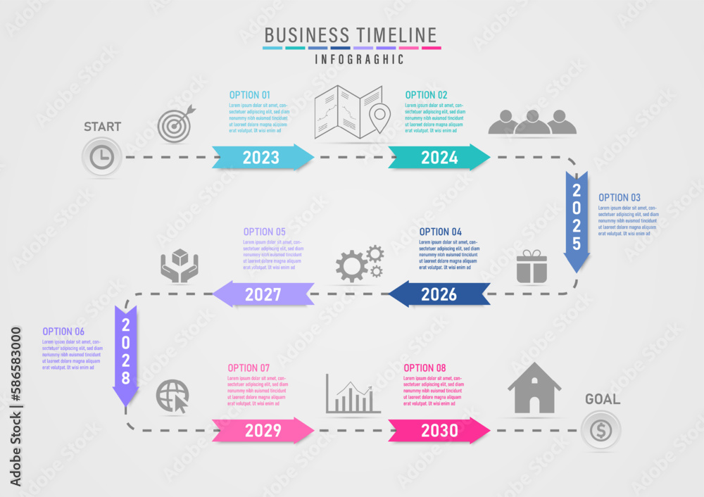 infographic timeline 8 years dotted line Arrows with white year numbers ...