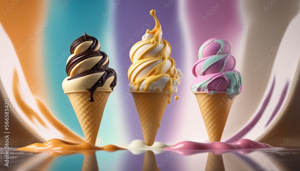 Advertising banner with different flavored ice cream cones on abstract ...