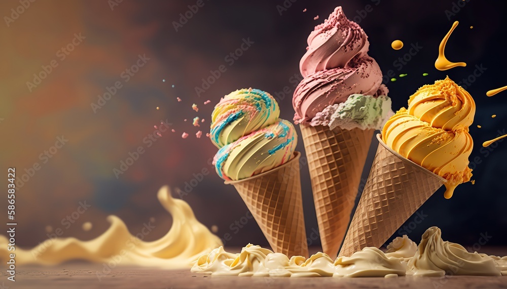 Advertising banner with different flavored ice cream cones on abstract ...