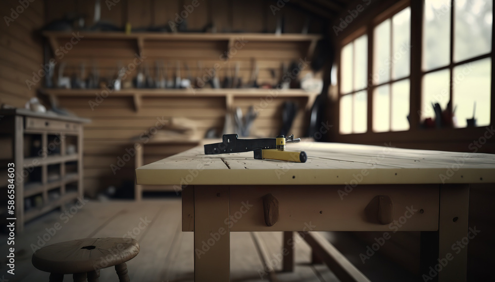 Carpentry workshop studio with wooden table. Horizontal indoor ...