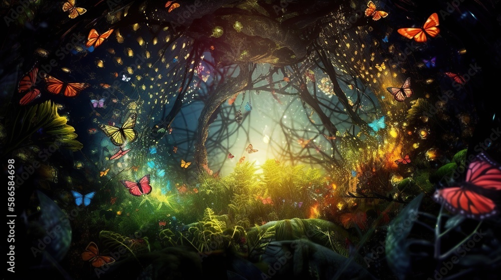 Beautiful fantasy enchanted forest with butterflies, flowers and copy ...