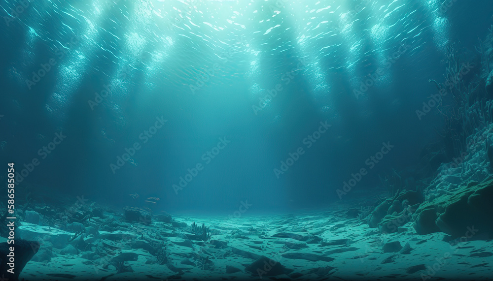 Beautiful abstract underwater scene, deep ocean blue water backdrop ...