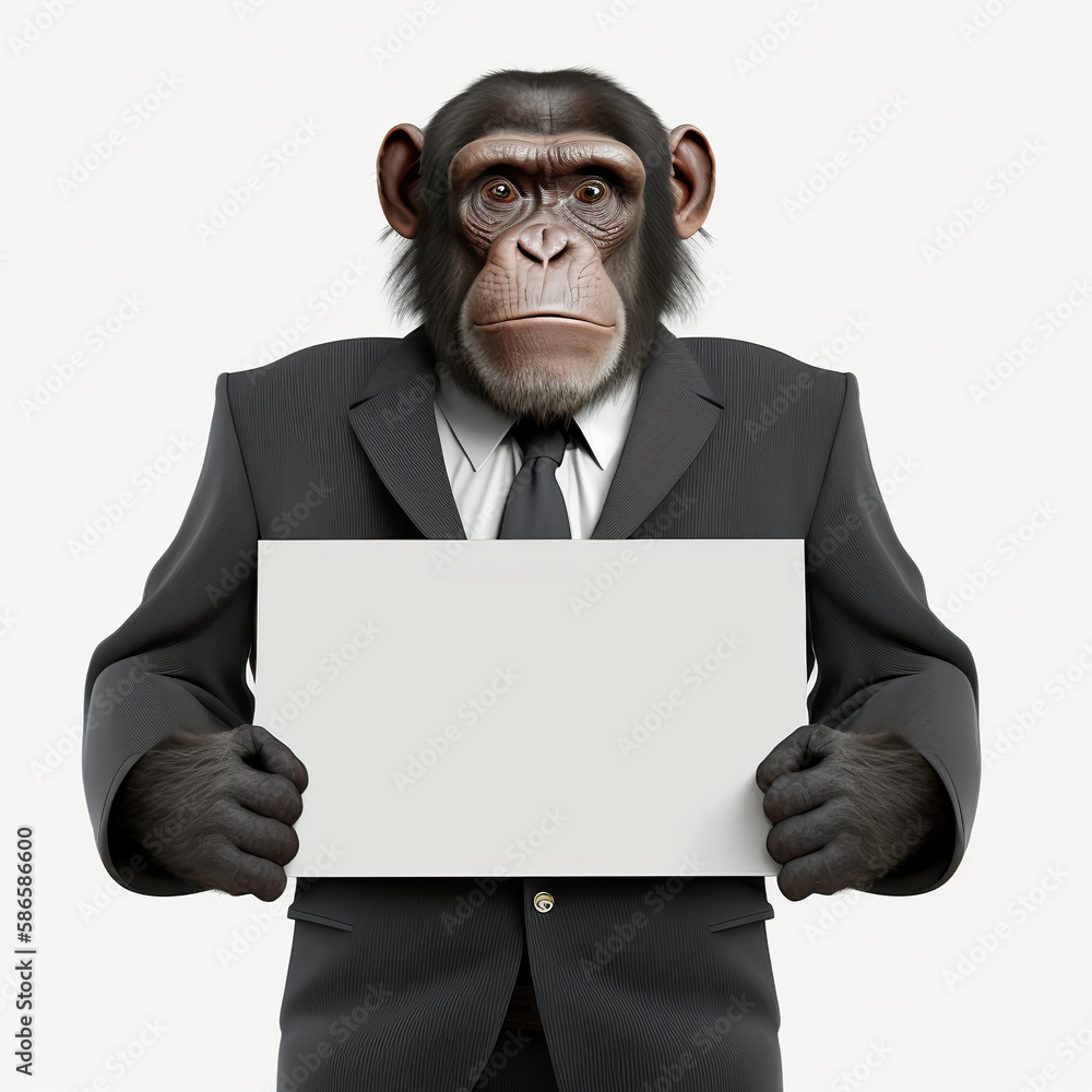 Funny anthropomorphic chimpanzee monkey businessman in suit holding ...