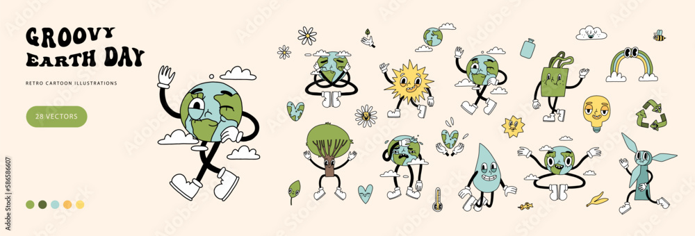 Groovy y2k retro eco cartoon elements set. Happy earth day ecology ...