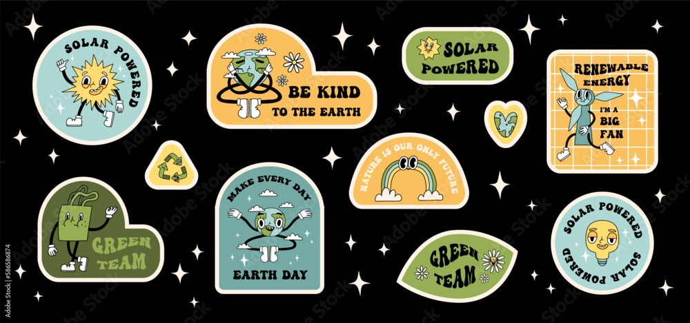 Groovy y2k retro eco cartoon stickers set. Happy earth day ecology ...