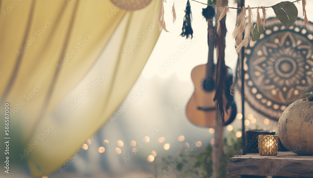 Beautiful boho background with acoustic guitar and other decorative ...