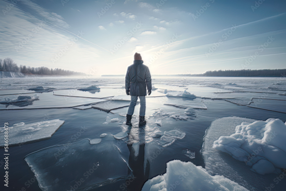 man standing on the frozen lake, ice with cracks, AI Generated ...