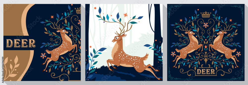 deer vector set, deer decoration with plants and leaves, business card ...