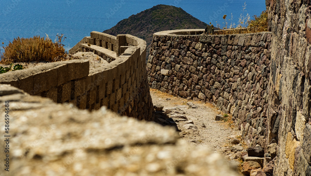 ancient medieval venetian castle stone stairs way, rock walls ...