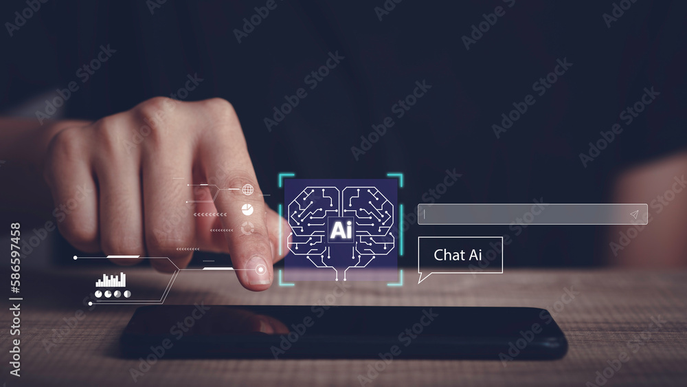 Chat with Ai or Artificial Intelligence tech concept. Businessman show ...