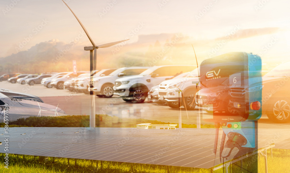 Sustainable energy for electric vehicle. EV car with electric vihicle ...