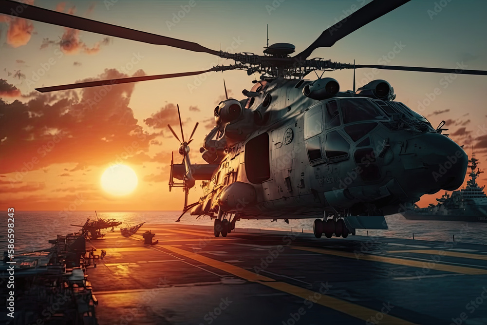 Military helicopter on warship board at sunset. Navy helicopter on ...