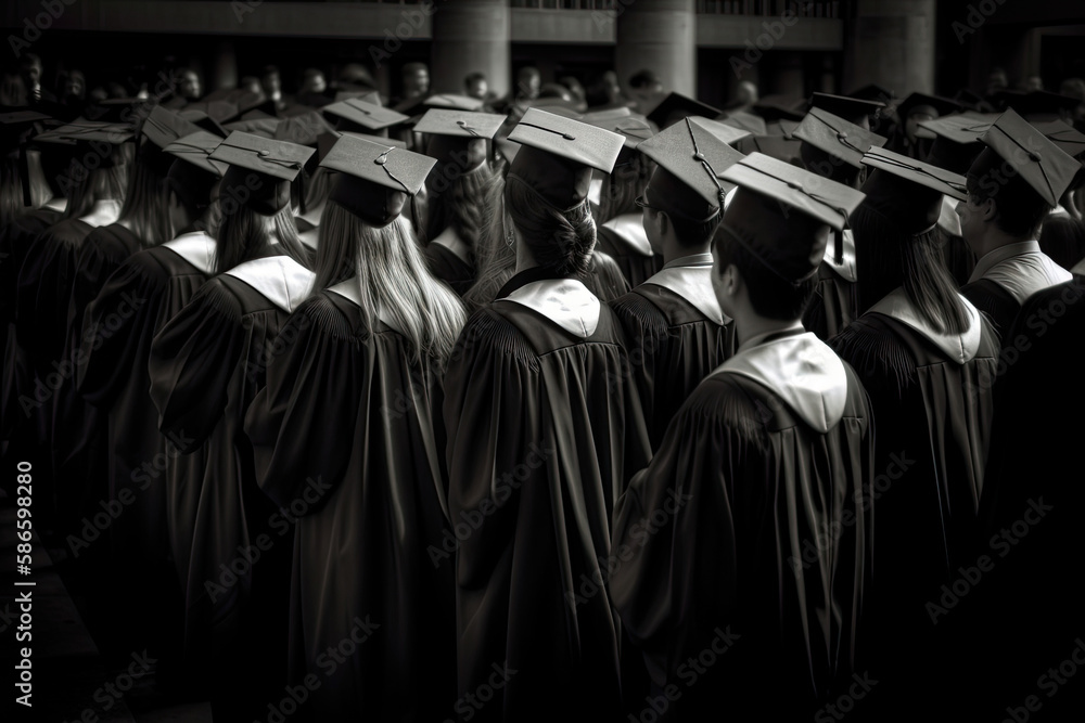 Back view of graduates in mortar boards and bachelor gowns on ...