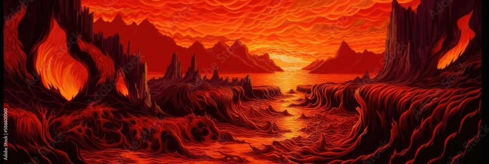 Searing hot landscape of volcanoes and ever burning brimstone hell ...