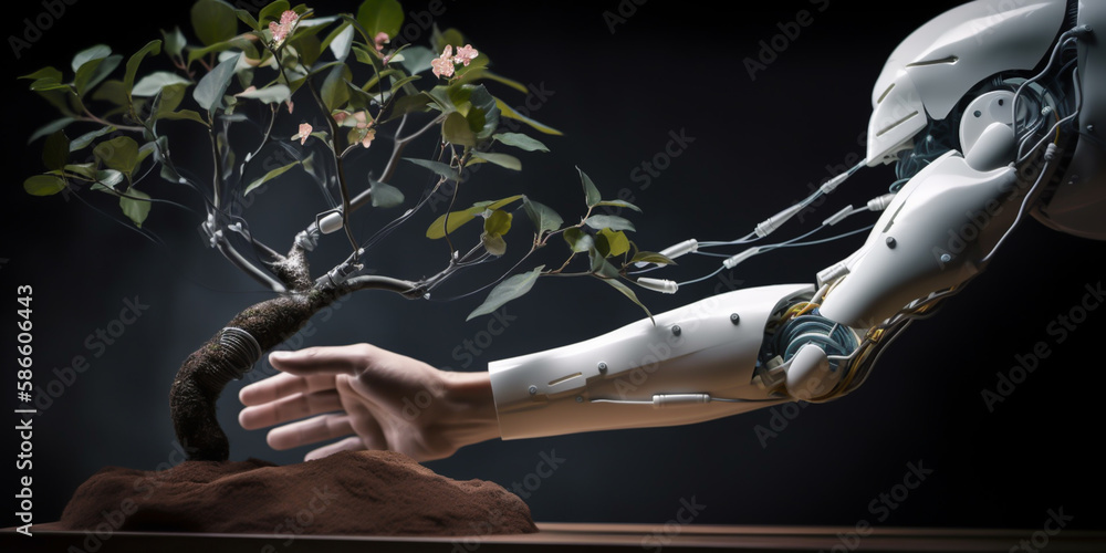 Biomorphic cyborg Maleven holds a bonsai seedling, a symbol of his ...