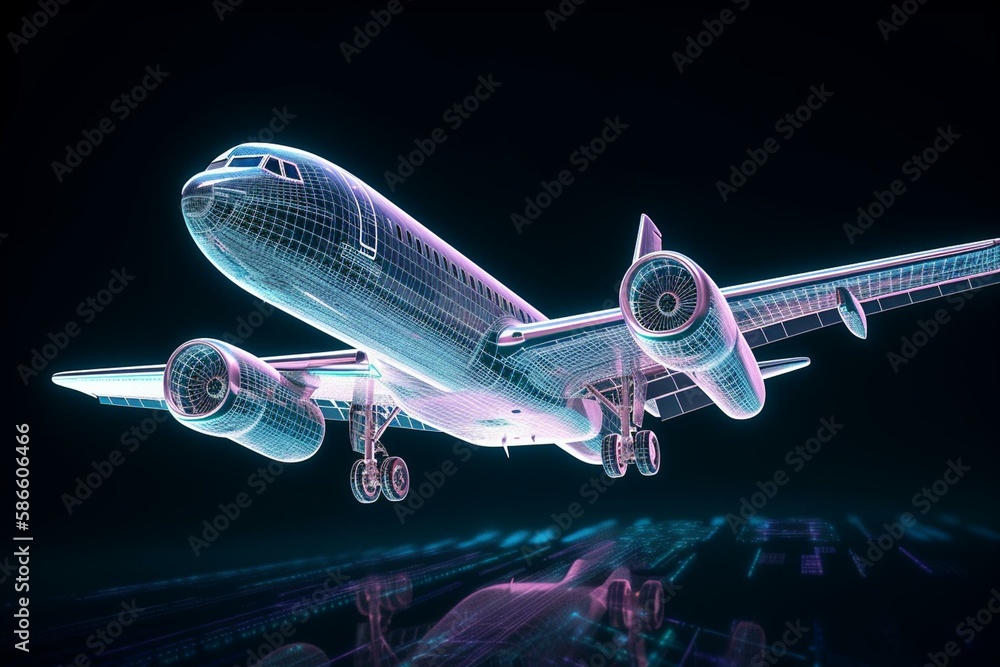3D rendering illustration aeroplane White with edge neon hologram ...
