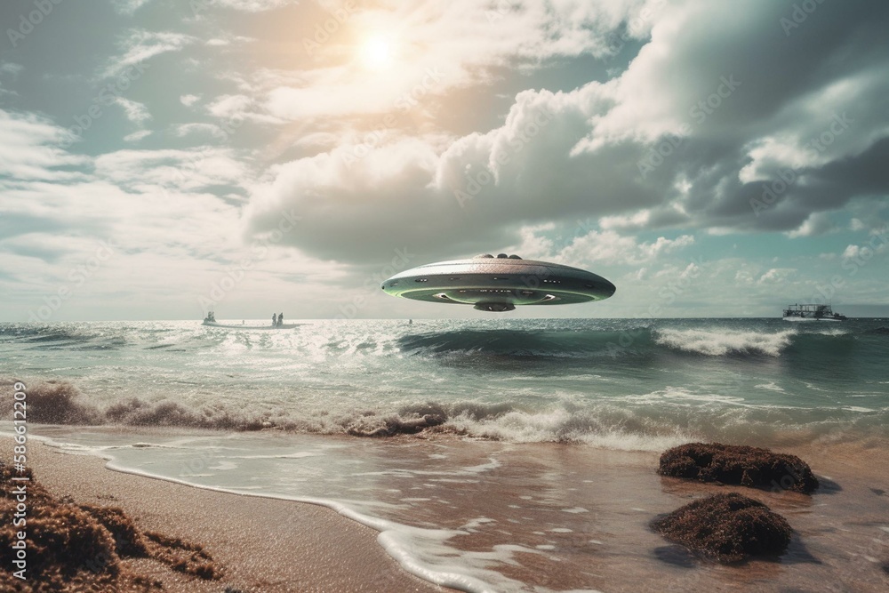 UFO arriving on beach vacation. Alien spacecraft coming out of the ...