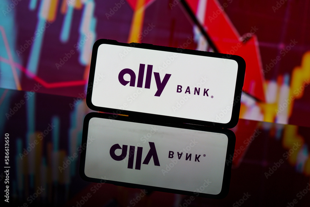 Ally Bank logo in red background. Bank collapse. Bank bankrupt Stock ...
