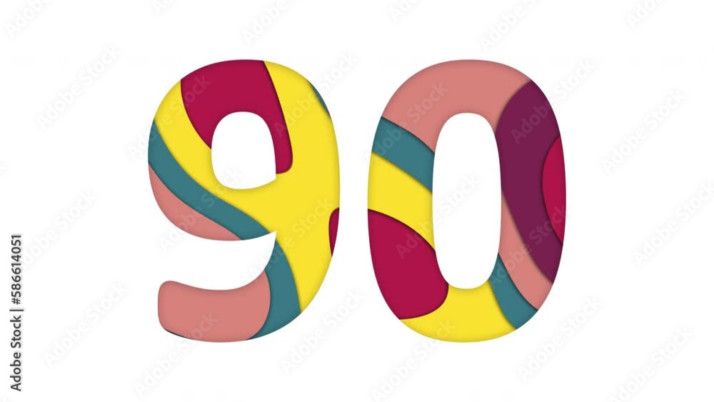 Multi-colored inscription number ninety 90 with colored spots floating ...