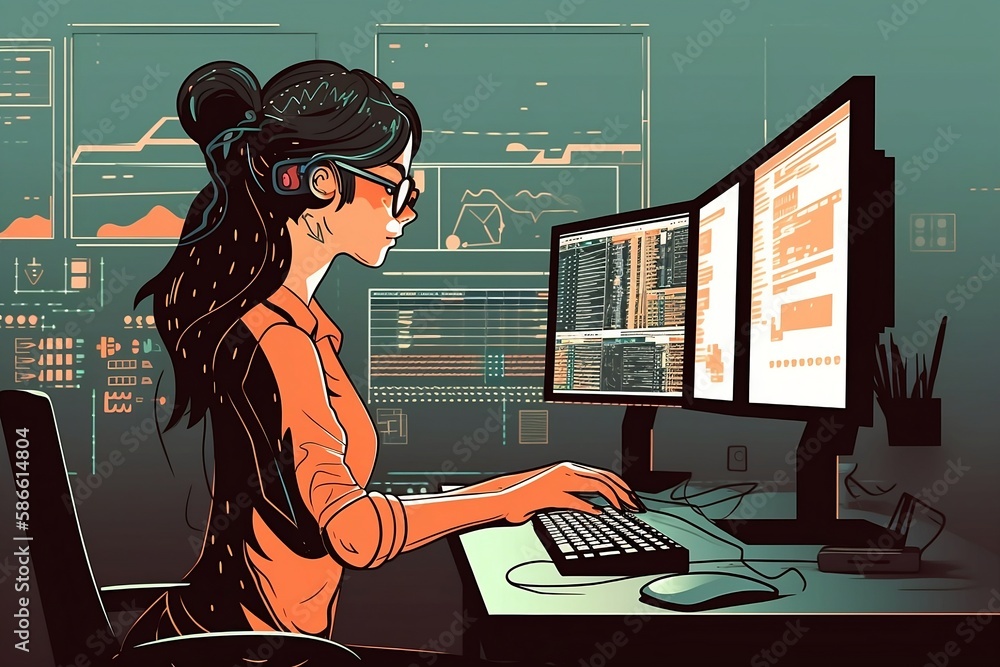vector image of a woman working as a software developer behind a laptop ...