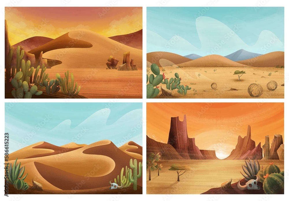 Desert Landscape Background Illustrations Set Stock Template | Adobe Stock