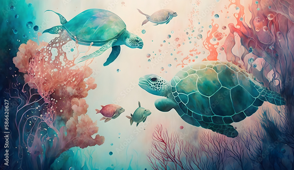 A surreal and mesmerizing watercolour painting of an underwater scene ...