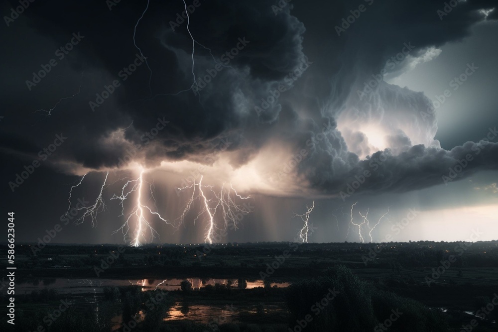 Thunderous dark sky with black clouds and flashing lightning. Panoramic view. Concept on the ...