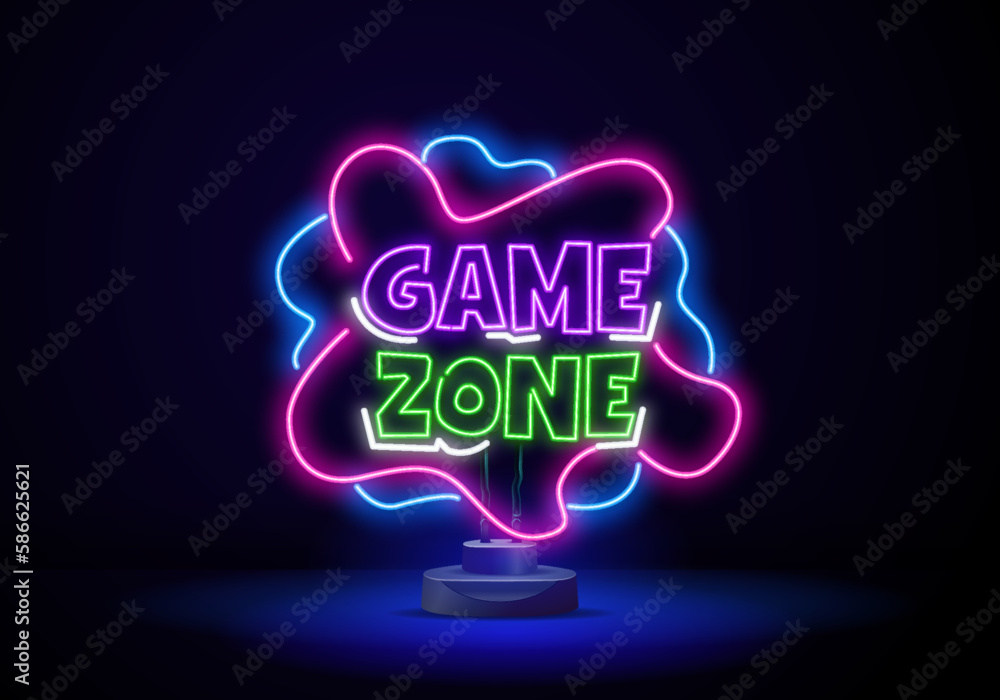 Vector realistic isolated neon sign of Game Zone typography logo for ...