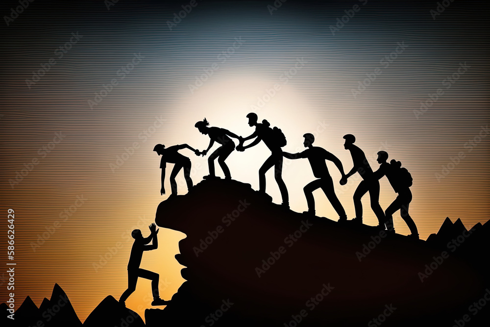Silhouette of teamwork, a team of people helping each other to cross a ...