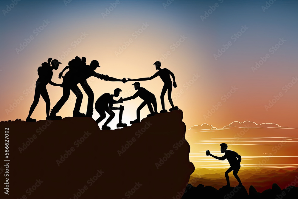 Silhouette of teamwork, a team of people helping each other to cross a ...