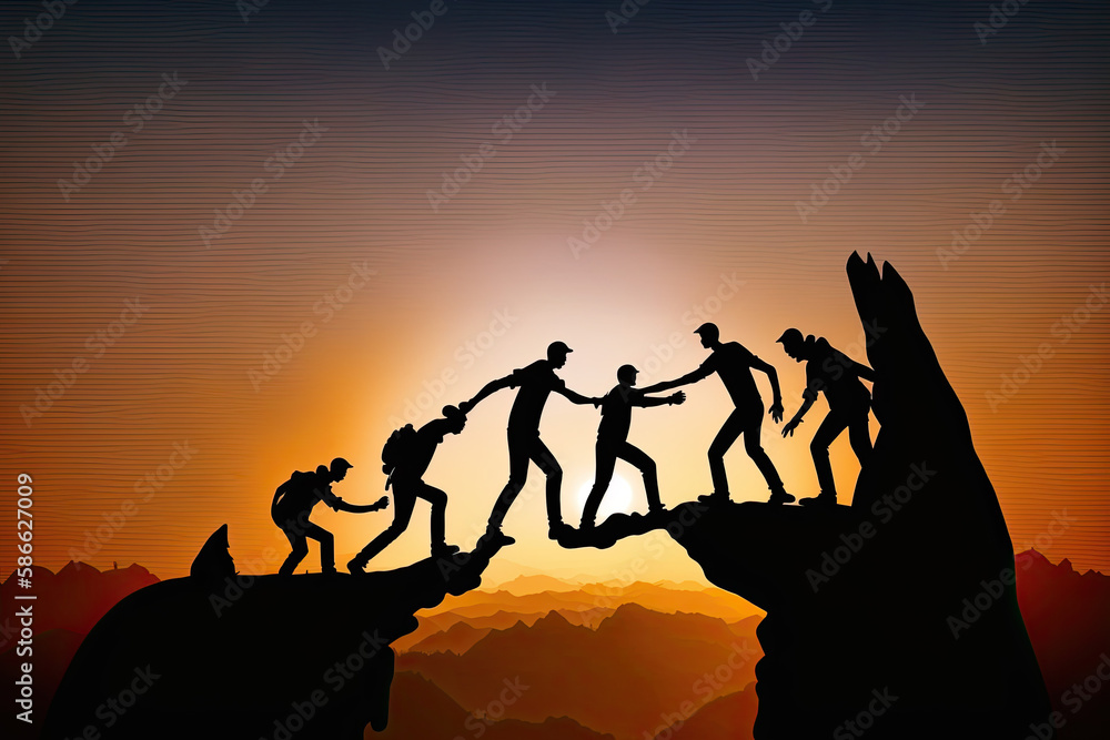 Silhouette of teamwork, a team of people helping each other to cross a ...