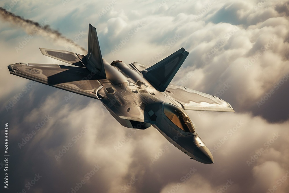 F-22 Raptor in flight with vapor clouds. Illustration of Fighter Jet ...