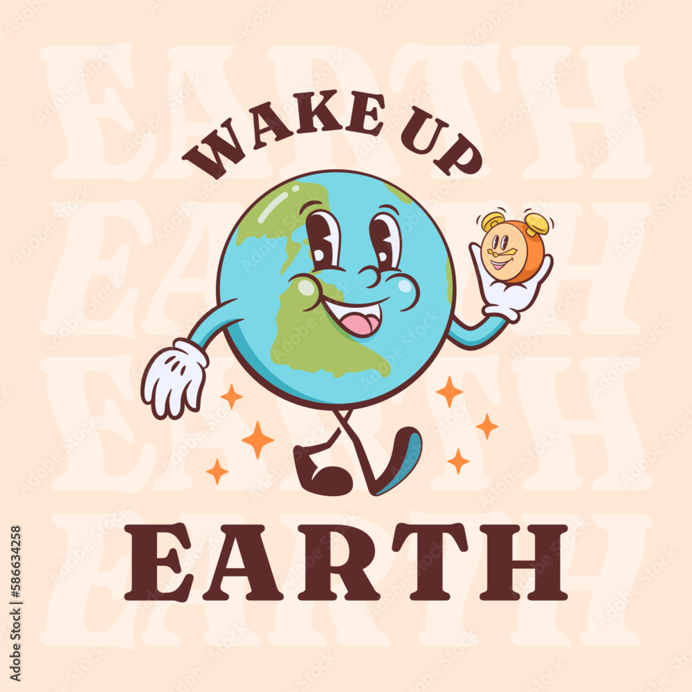 Wake up Earth Groovy retro cartoon characters greeting card. Happy ...
