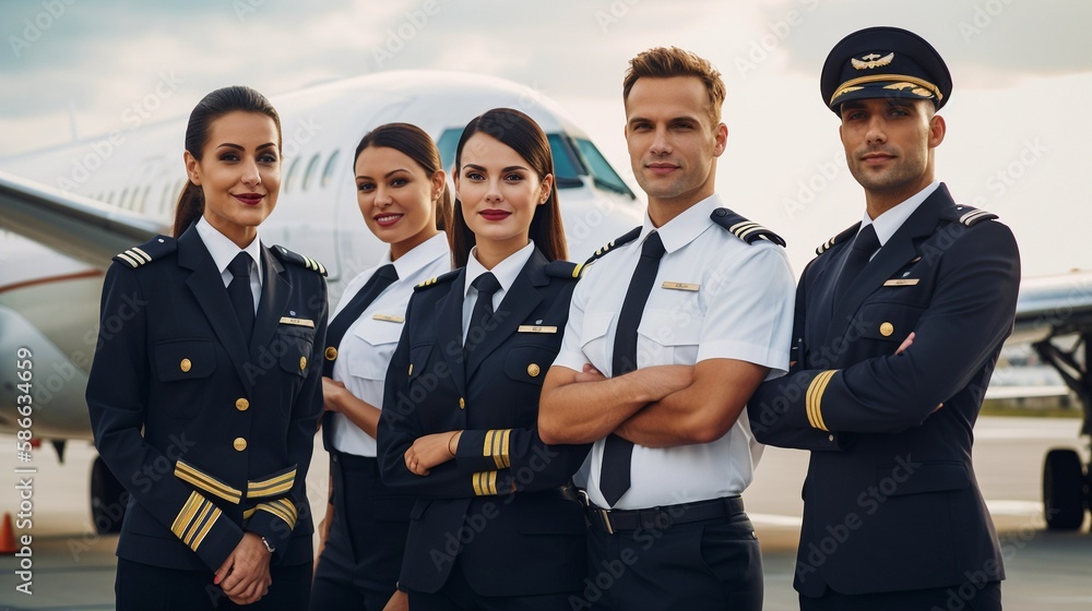 Generative AI flight crew standing together at an airplane ilustração ...