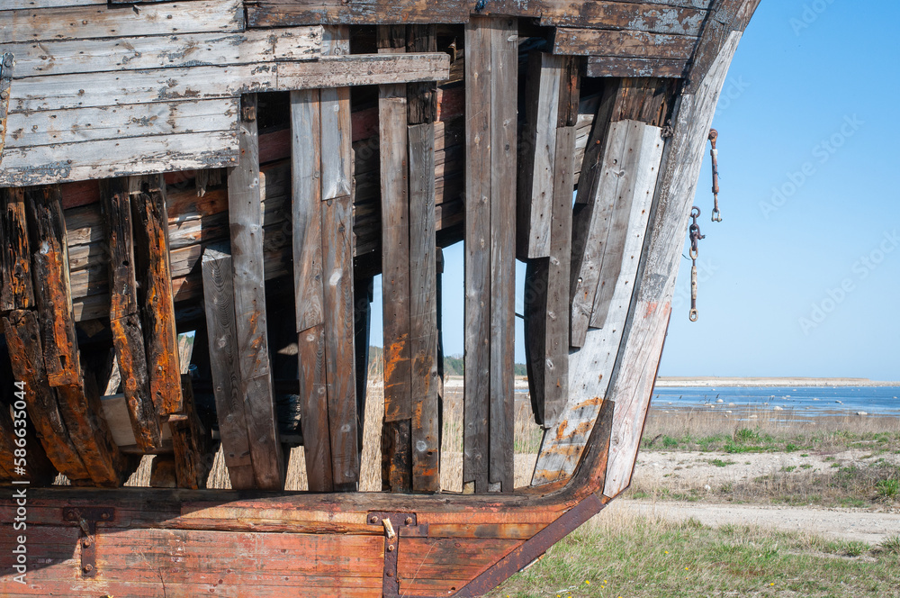 Old derelict wooden ship wreck closeup. Wooden ship ribs, planking, and ...
