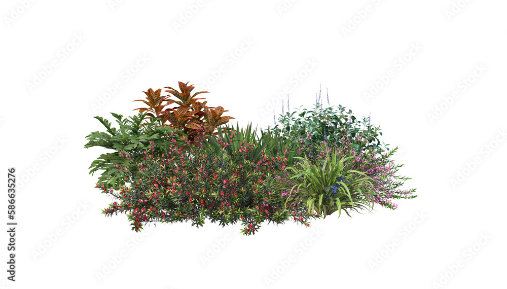 A small garden with many flowers and plants on a transparent background ...