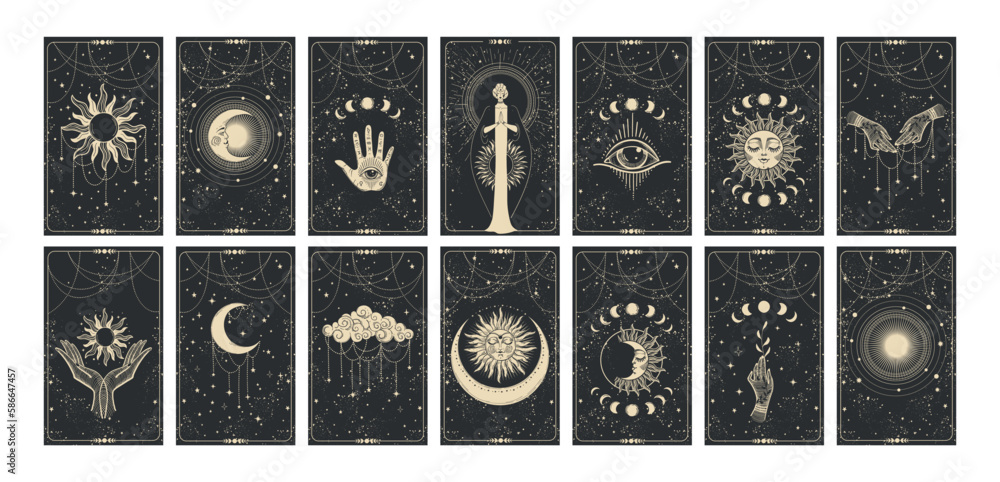 Set of magical tarot cards. Mystical occult illustrations, bohemian ...