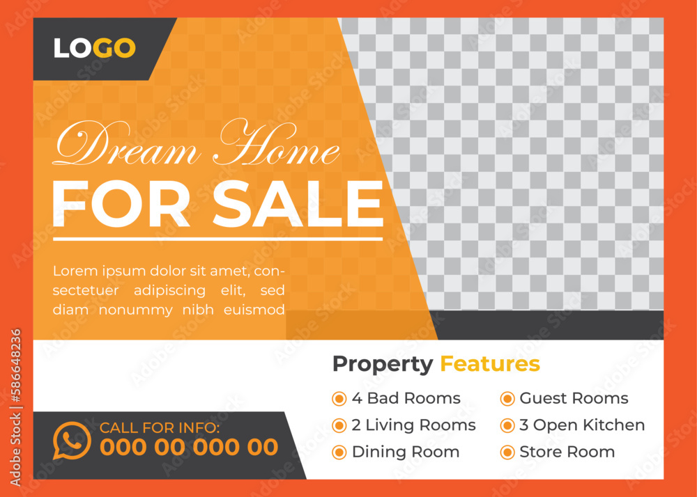 home for sale or rent flyer or banner template design with photo and ...
