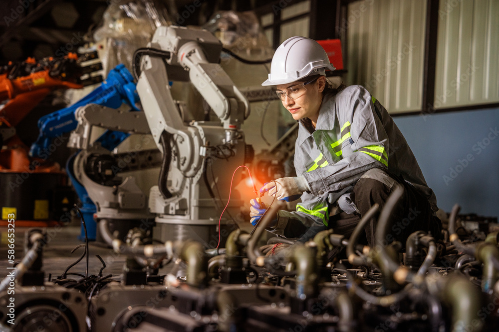 Foto de female engineer wearing a safety helmet walks inspecting the ...